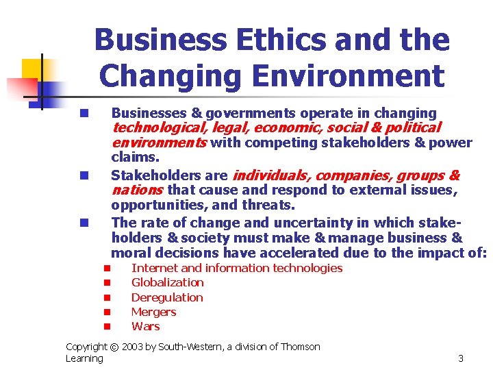 Chapter One Business Ethics The Changing Environment And
