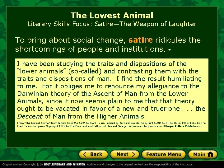 The Lowest Animal by Mark Twain Feature Menu