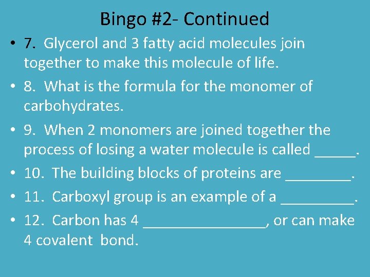 Biochemistry Bingo Directions Fill in your bingo board