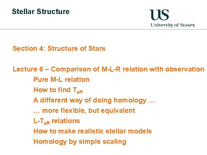 Stellar Structure Section 4 Structure of Stars Lecture
