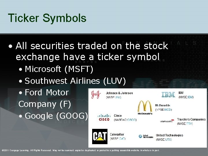 Stock Market Basics 2011 Cengage Learning All Rights