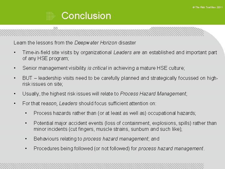 THE RISK MANAGEMENT TOOL BOX Maximize the Benefit