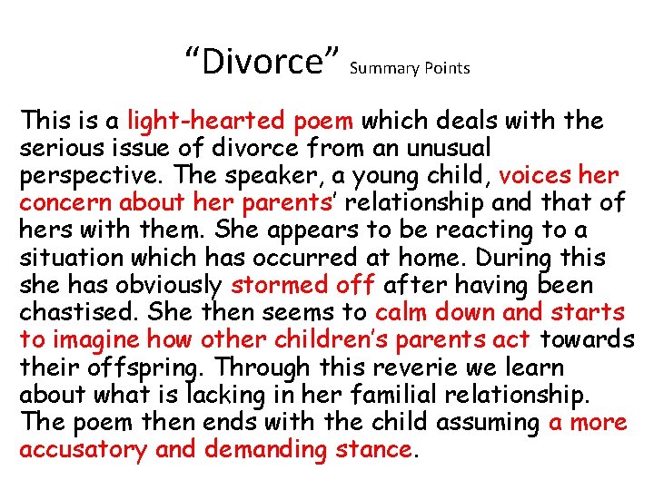 Divorce Summary Points This is a lighthearted poem
