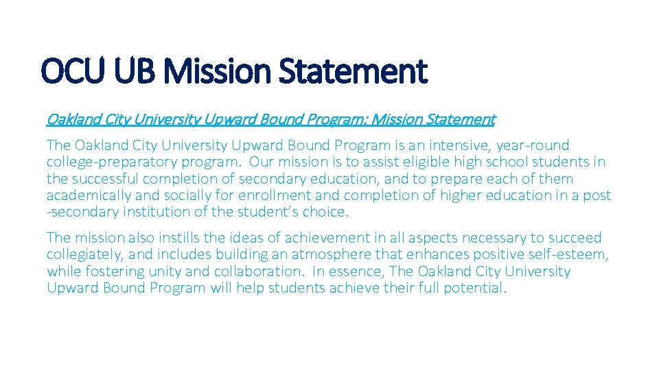 Oakland City University Upward Bound Program Our Target