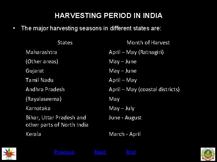 TIME AND STAGE OF HARVEST AND HARVESTING TECHNIQUES