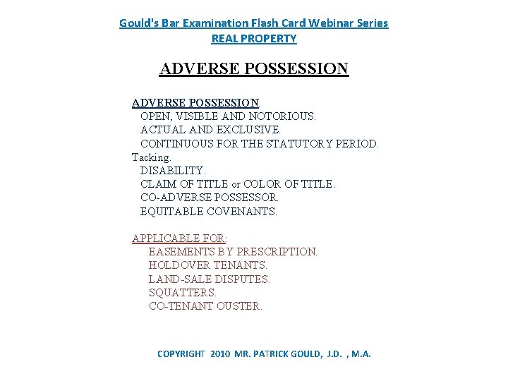 Goulds Bar Examination Flash Card Webinar Series REAL