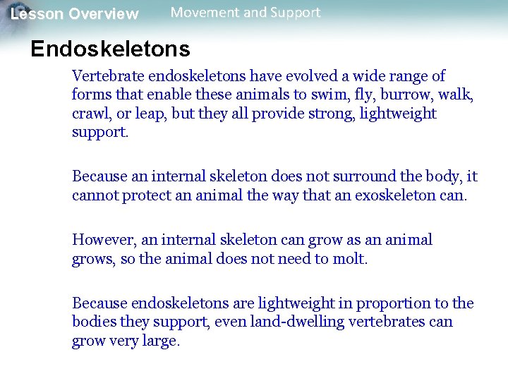Lesson Overview Movement and Support Lesson Overview 28