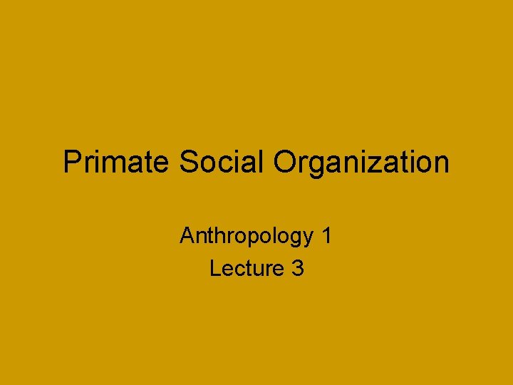Primate Social Organization Anthropology 1 Lecture 3 Approaches