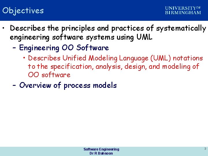 Software Engineering Second Year Dr Rami Bahsoon School