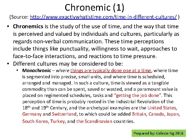Time in Different Culture Prepared by Celeste Ng