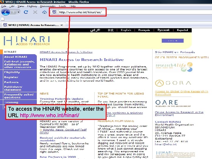 HINARI website interface journals and other full text