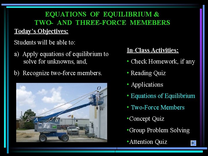 EQUATIONS OF EQUILIBRIUM TWO AND THREEFORCE MEMEBERS Todays