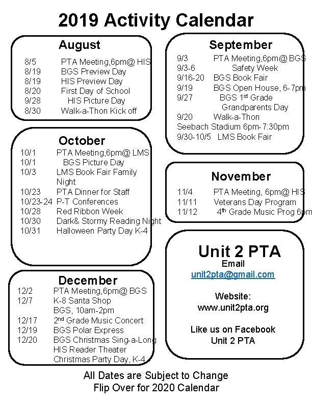 2019 Activity Calendar September August 85 819 820
