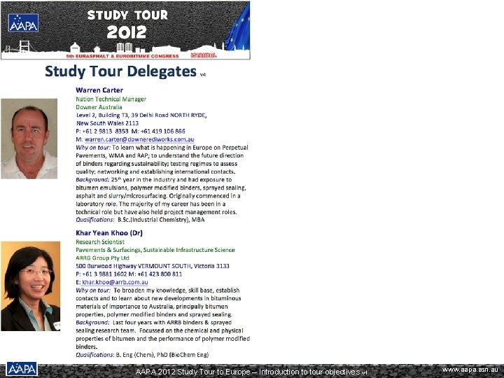 Introduction to tour objectives AAPA 2012 Study Tour