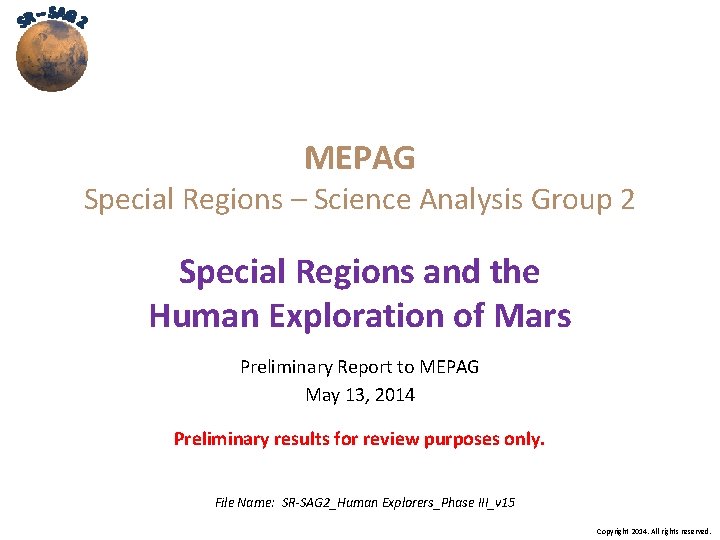 MEPAG Special Regions Science Analysis Group 2 Special