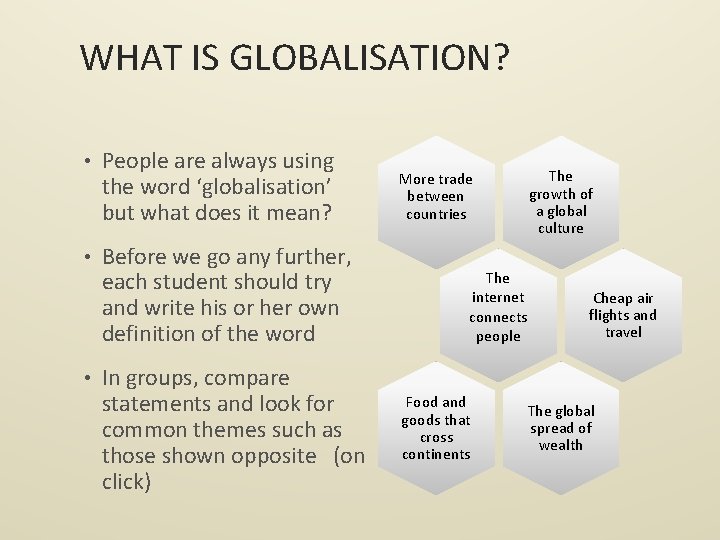 INTRODUCING GLOBALISATION Connected people and places PRESENTATION CONTENT