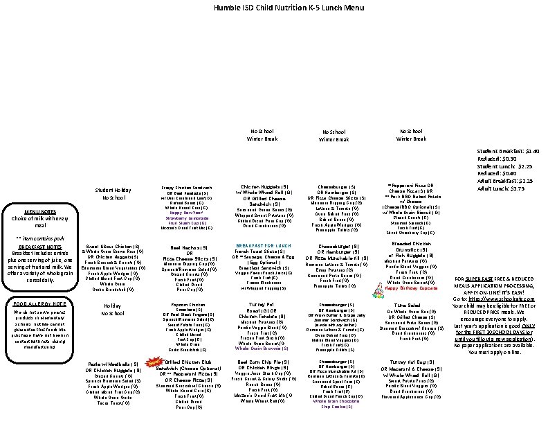 Humble ISD Child Nutrition K5 Lunch Menu No