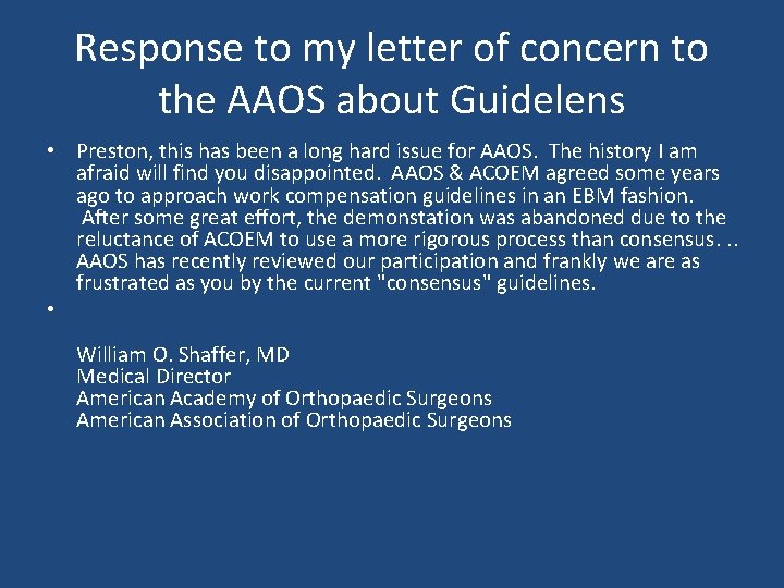 OFFICIAL DISABILITY GUIDELINES VS CURRENT ORTHOPAEDIC LITERATURE Preston