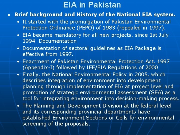 EIA in Pakistan n Brief background and History
