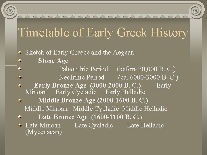 Timetable of Early Greek History Sketch of Early
