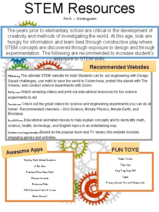 STEM Resources PreK Kindergarten The years prior to