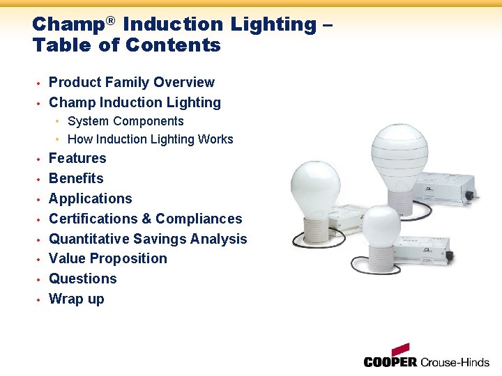 Champ Induction Lighting Champ Induction Lighting Table of