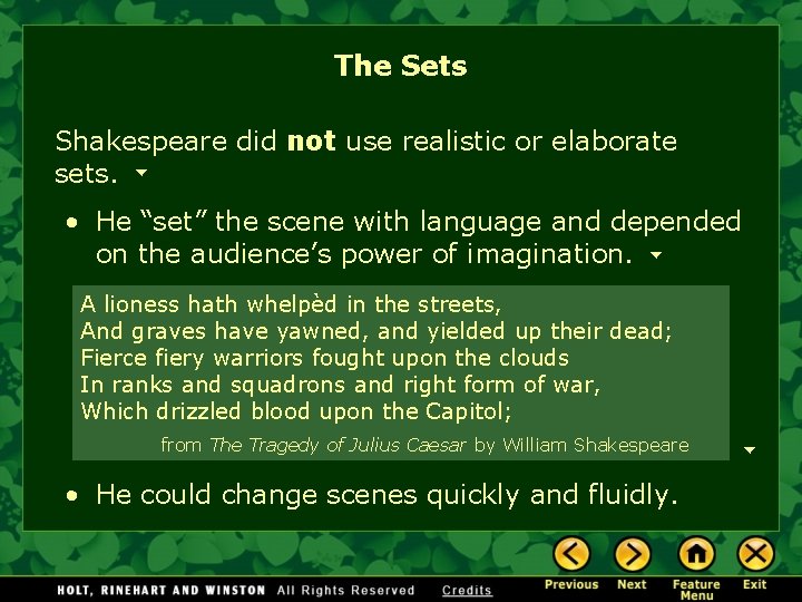 The Elizabethan Stage Feature Menu The Elizabethan Stage