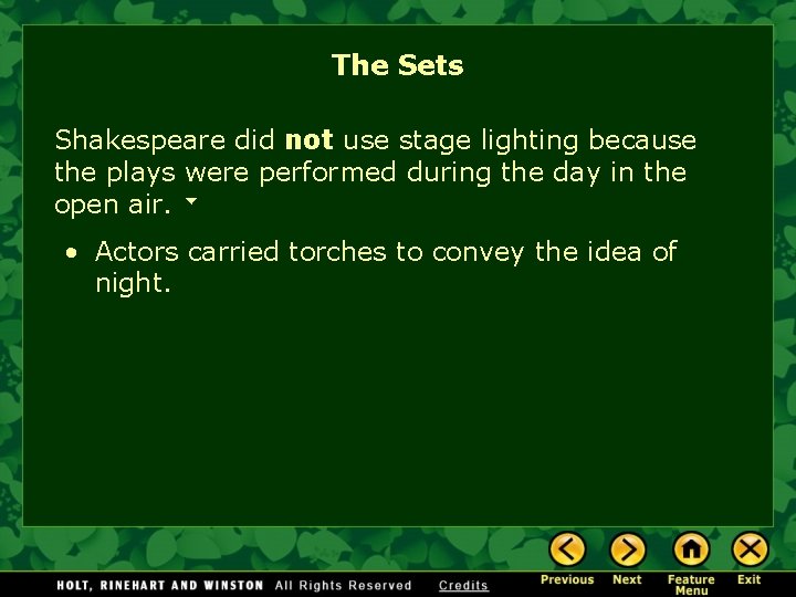 The Elizabethan Stage Feature Menu The Elizabethan Stage