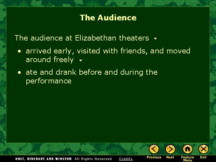 The Elizabethan Stage Feature Menu The Elizabethan Stage