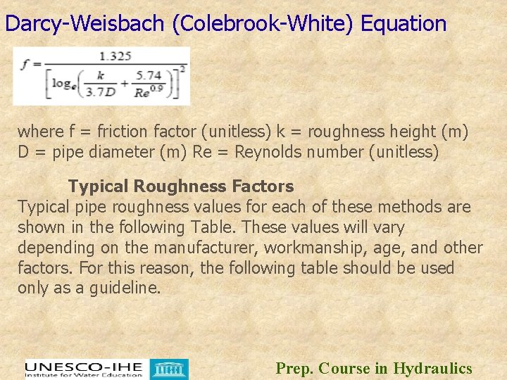 Colebrook White Equation Roughness - Tessshebaylo