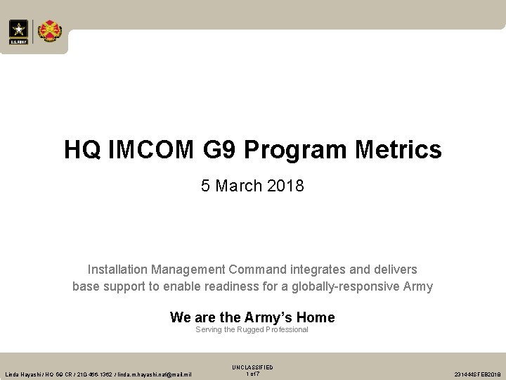 HQ IMCOM G 9 Program Metrics 5 March