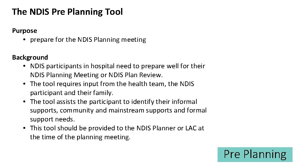 NDIS Health Preplanning Practice NDIS and Hospital Discharge