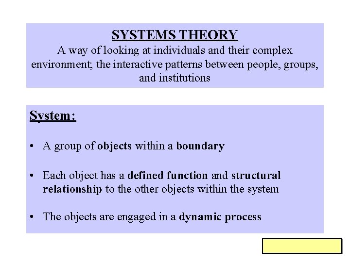 HUMAN BEHAVIOR IN THE SOCIAL ENVIRONMENT SYSTEMS THEORY