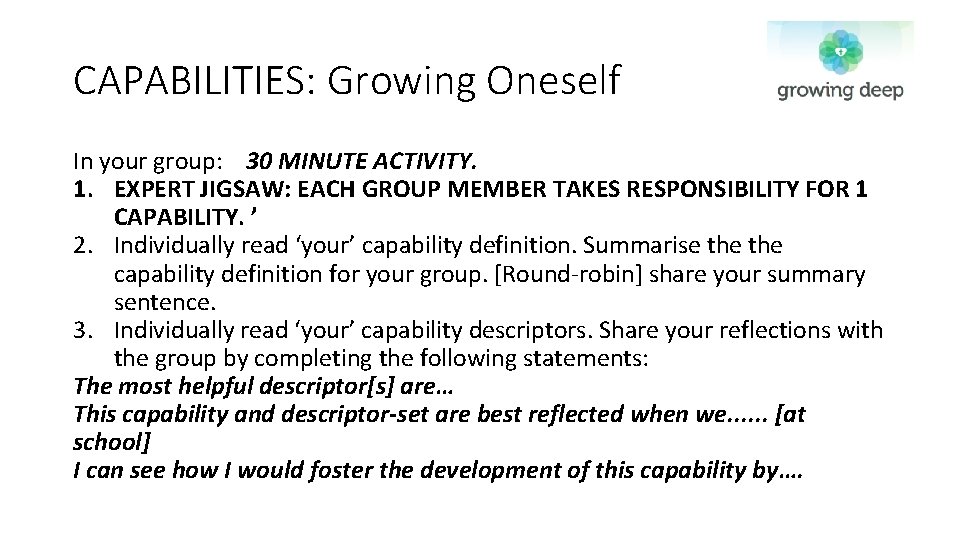 GROWING DEEP GROWING DEEP ACTIVITY 1 OUR FOUNDATION