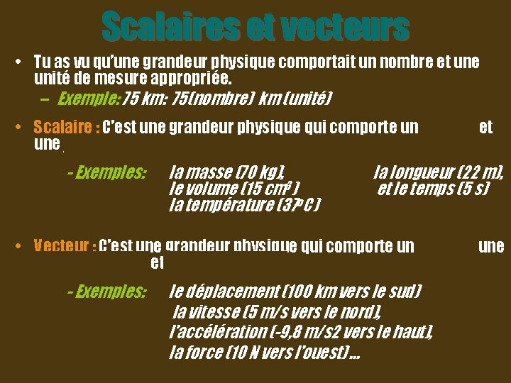 Scalaires et vecteurs Tu as vu quune grandeur