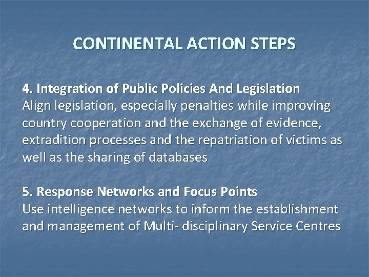 REALISING THE OBJECTIVES OF THE CONTINENTAL ACTION STEPS
