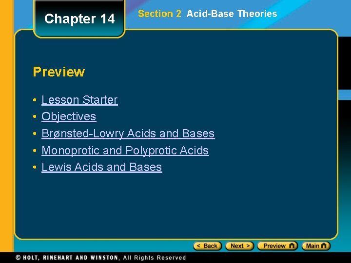 Chapter 14 Preview Lesson Starter Objectives Acids Bases