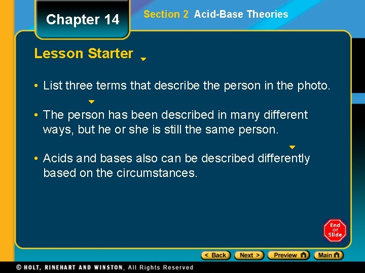 Chapter 14 Preview Lesson Starter Objectives Acids Bases