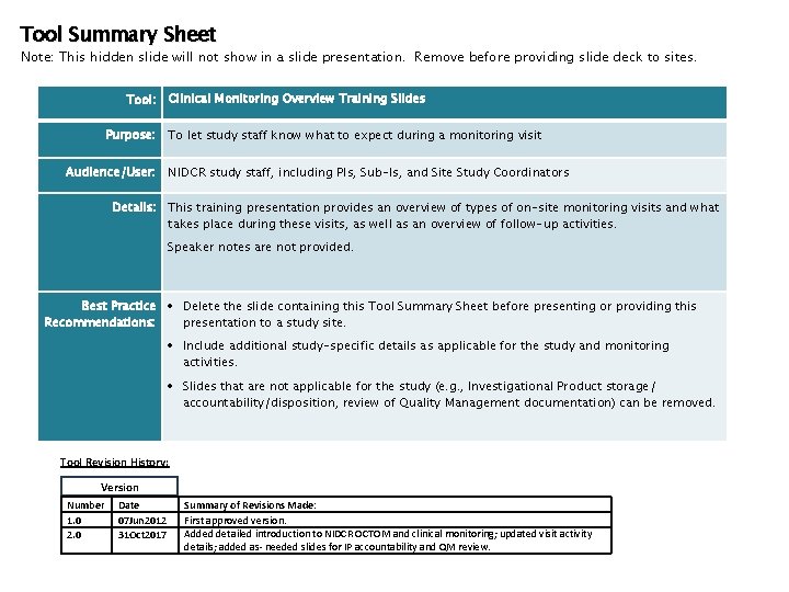 Tool Summary Sheet Note This hidden slide will