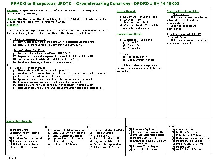 FRAGO to Sharpstown JROTC Groundbreaking Ceremony OPORD SY