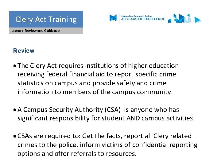 Clery Act Training Clery Overview Clery Act Training