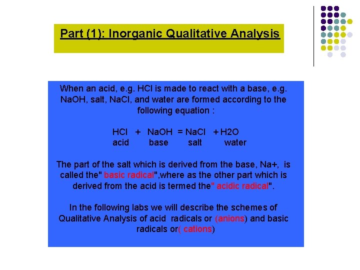 Part 1 Inorganic Qualitative Analysis When an acid