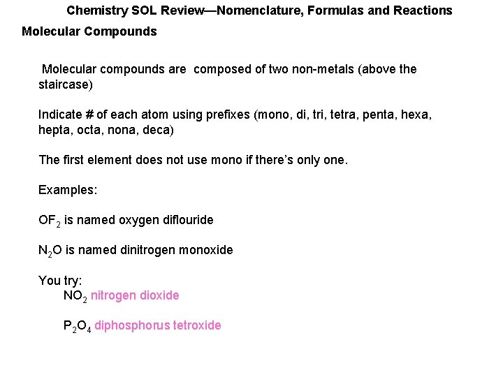 Chemistry SOL ReviewNomenclature Formulas and Reactions Chemistry SOL