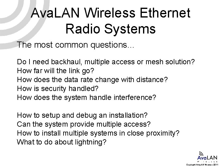 Installing Ava LAN Wireless Ethernet Systems Presented by
