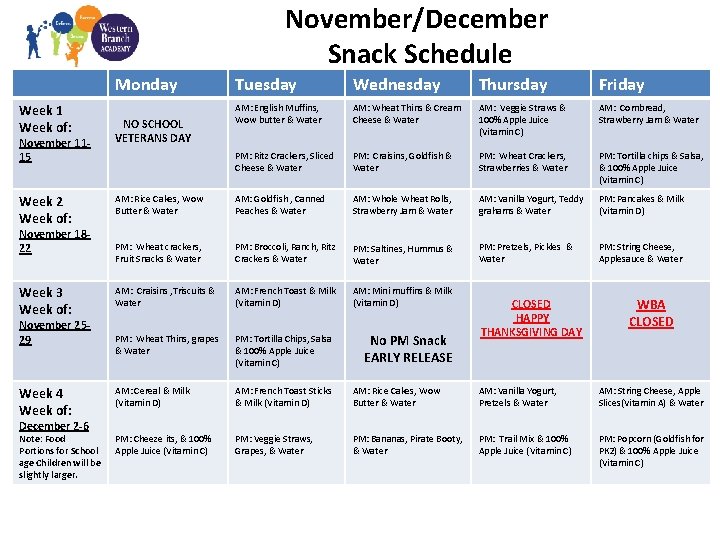 NovemberDecember Snack Schedule Monday Tuesday Wednesday Thursday Friday