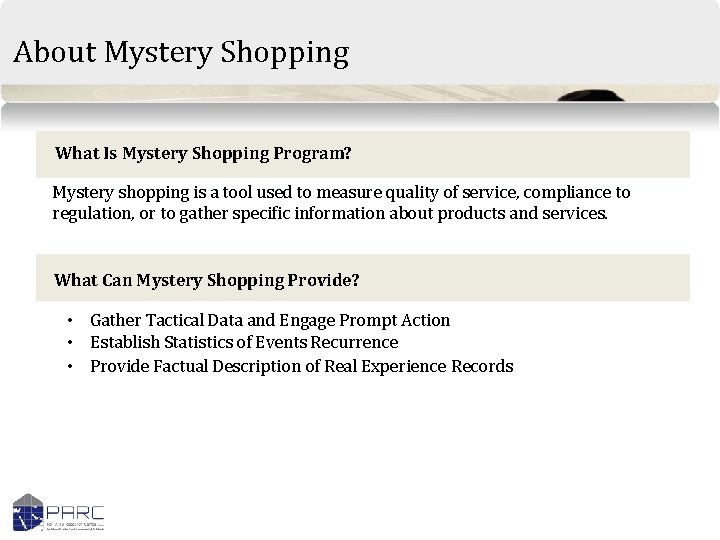 PARCs Mystery Shopping Program for Bank ABC Agenda