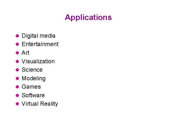 Graphics Applications Digital media Entertainment Art Visualization Science
