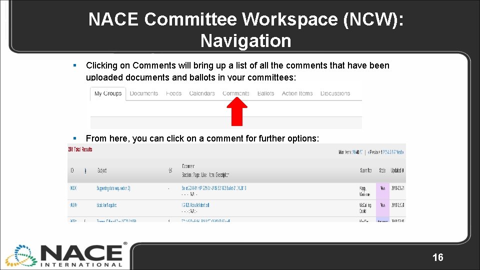 NACE Committee Workspace NCWTraining Workspace Features Navigation NACE