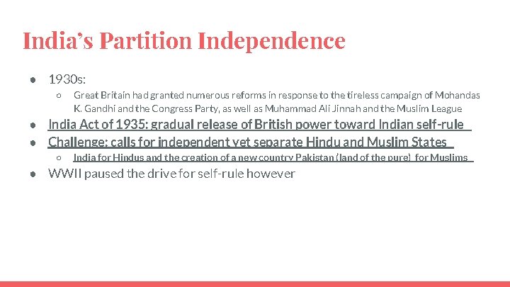 Notes on Indian Independence Indias Partition Independence 1930
