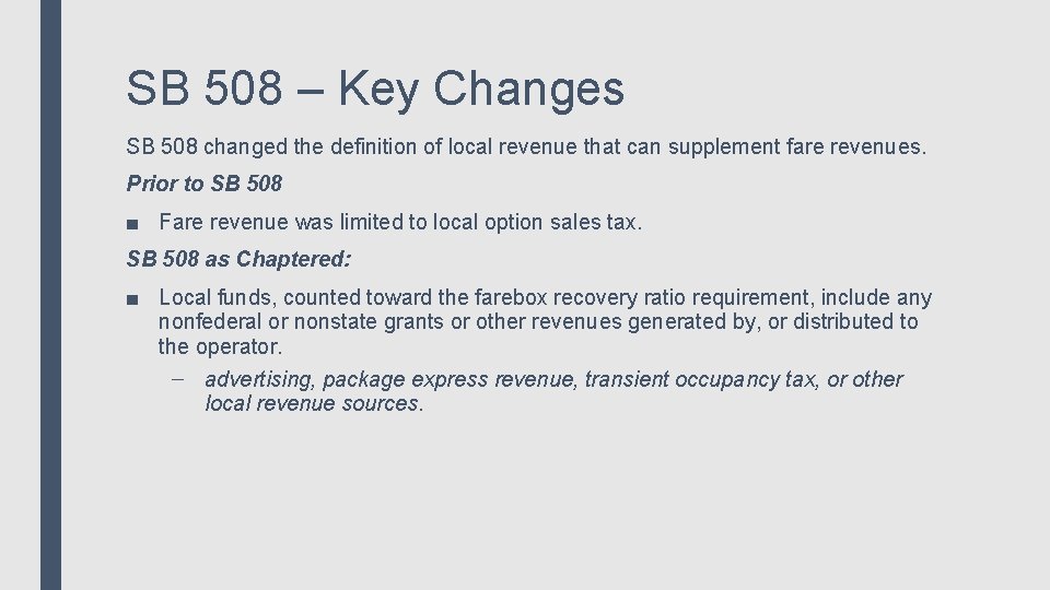 FAREBOX RECOVERY RATIO STATE PERSPECTIVE CALACT 2018 Spring